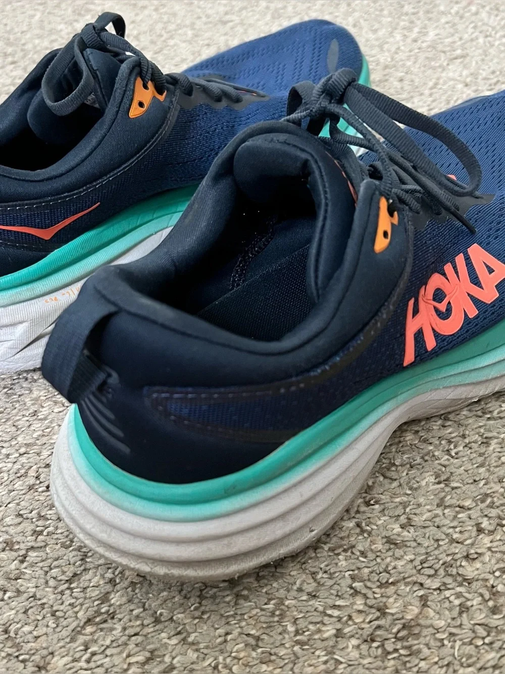 Hoka | Shoes | Hoka Bondi 8 Navy Running Shoes With Coral Logo And Teal ...